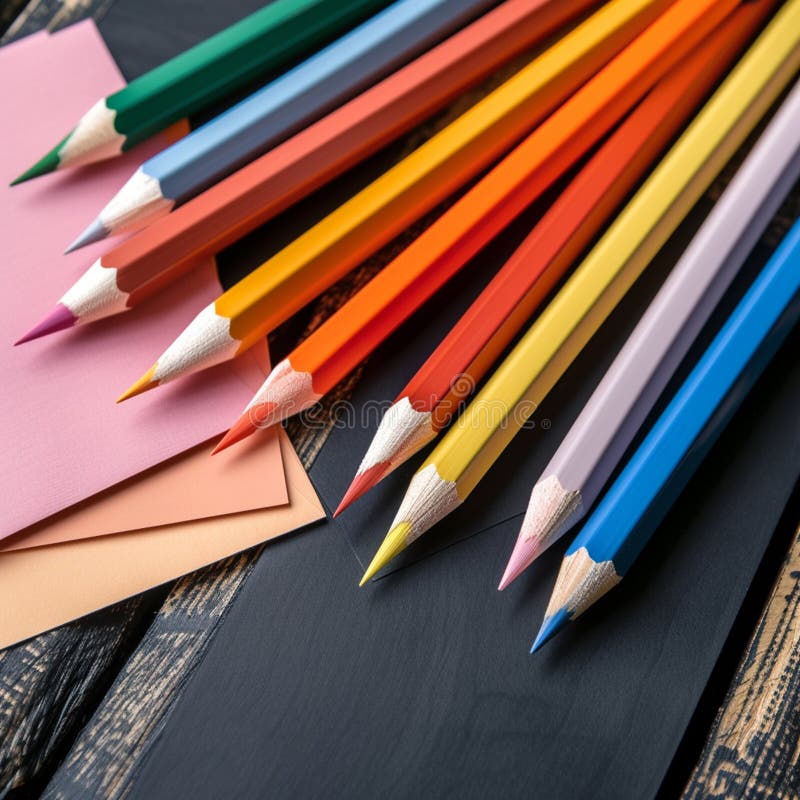 Colorful Crayons and Stack of Drawing Papers on Wooden Table. Square ...
