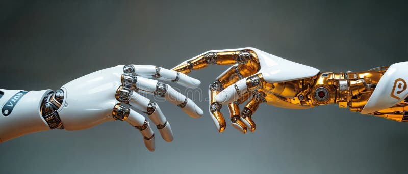 Concept of Communication between Human and Machine, Human Hand Touching ...