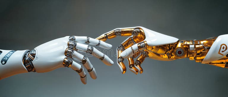 Concept of Communication between Human and Machine, Human Hand Touching ...