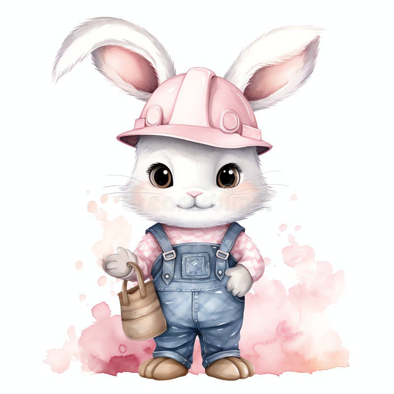 Construction Worker Cute Bunny with Hard Hat Pink Cute Bunny Watercolor ...
