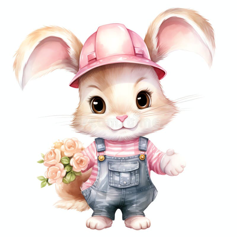 Construction Worker Cute Bunny with Hard Hat Pink Cute Bunny Watercolor ...