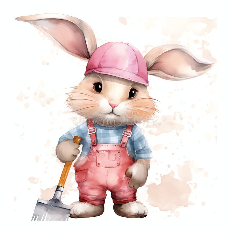 Construction Worker Cute Bunny with Hard Hat Pink Cute Bunny Watercolor ...