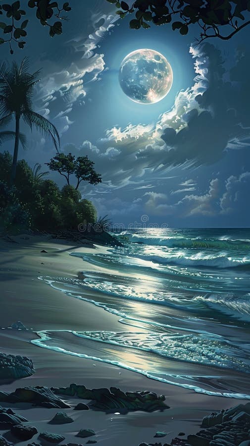 Beach Moonlight Scene stock illustration. Illustration of serene ...