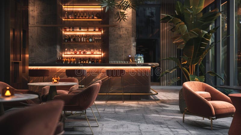 Chic Hotel Lounge Bar Featuring Plush Seating and Ambient Music Stock ...
