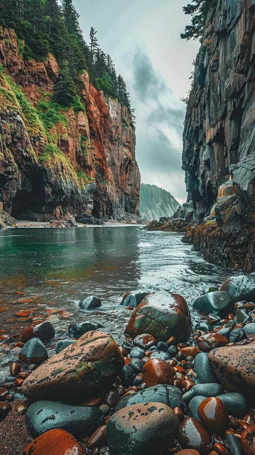 Coastal Inlet Cliffs Covered in Greenery Stock Illustration ...