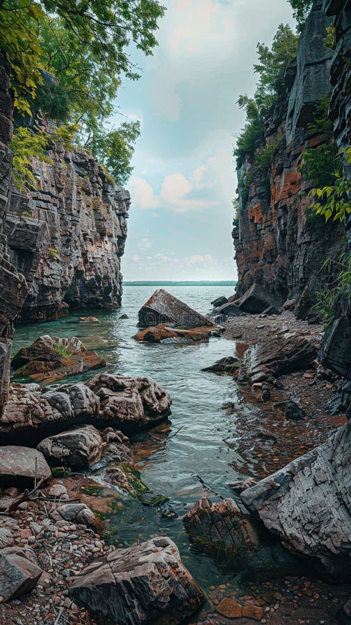 Coastal Inlet Cliffs Covered in Greenery Stock Illustration ...