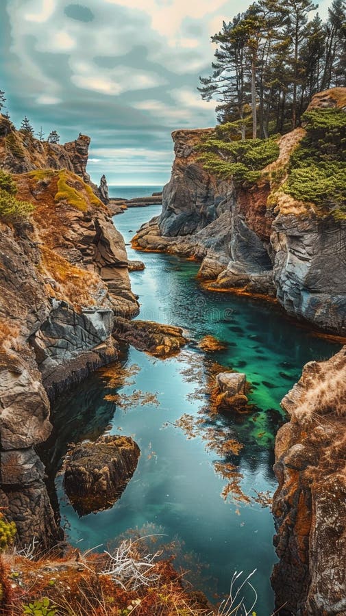 Coastal Inlet Cliffs Covered in Greenery Stock Illustration ...