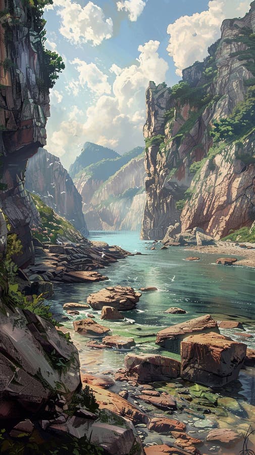 Coastal Inlet Cliffs Covered in Greenery Stock Illustration ...