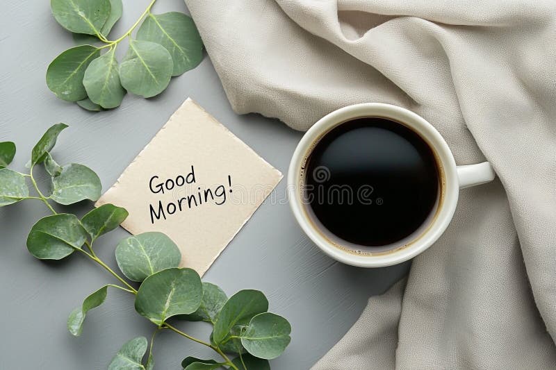 Coffee Cup with Greenery on Light Grey Background with Good Morning ...