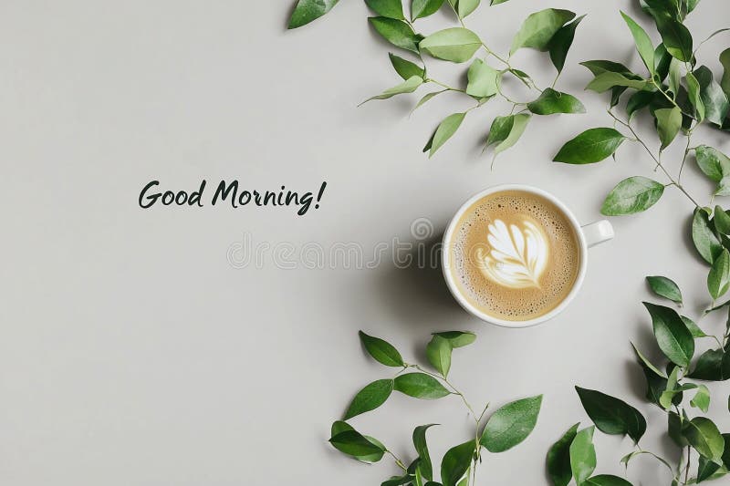 Coffee Cup with Greenery on Light Grey Background with Good Morning ...