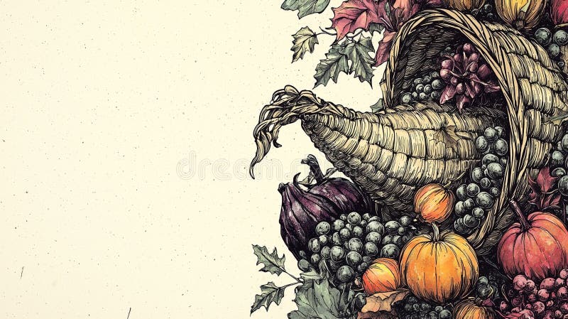 Cornucopia Illustrated with Ink and Pastel Highlights Stock ...