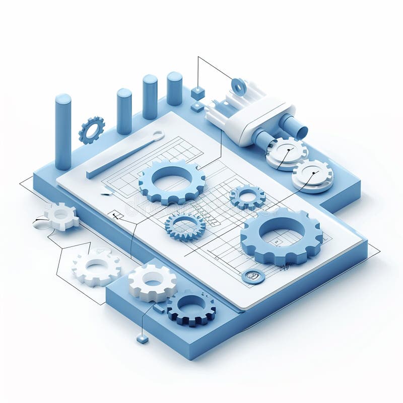 A 3D Icon of a Tech Development Blueprint with Plans with a White ...