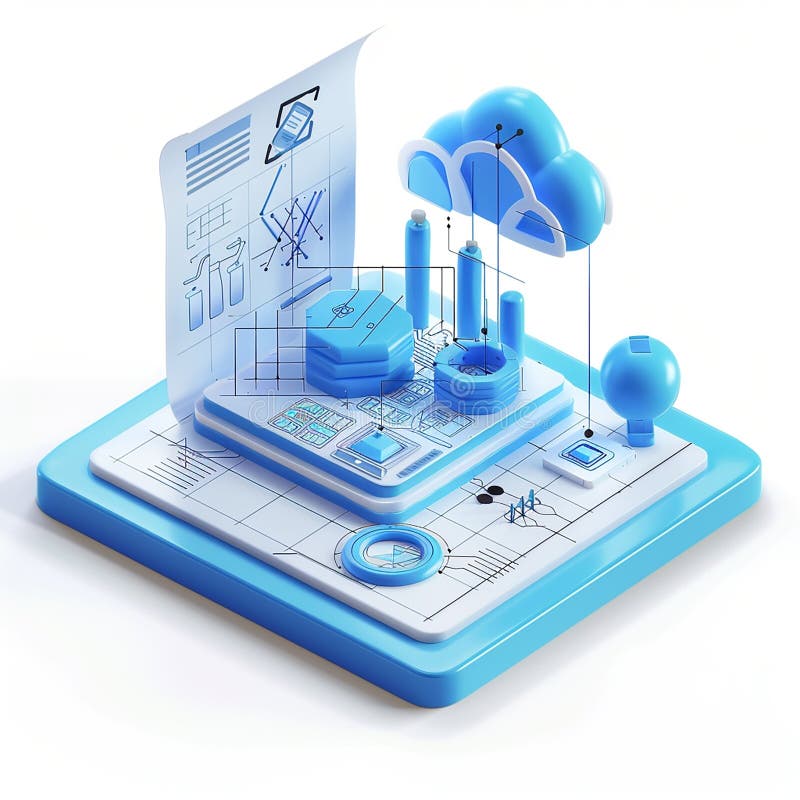 A 3D Icon of a Tech Development Blueprint with Plans with a White ...