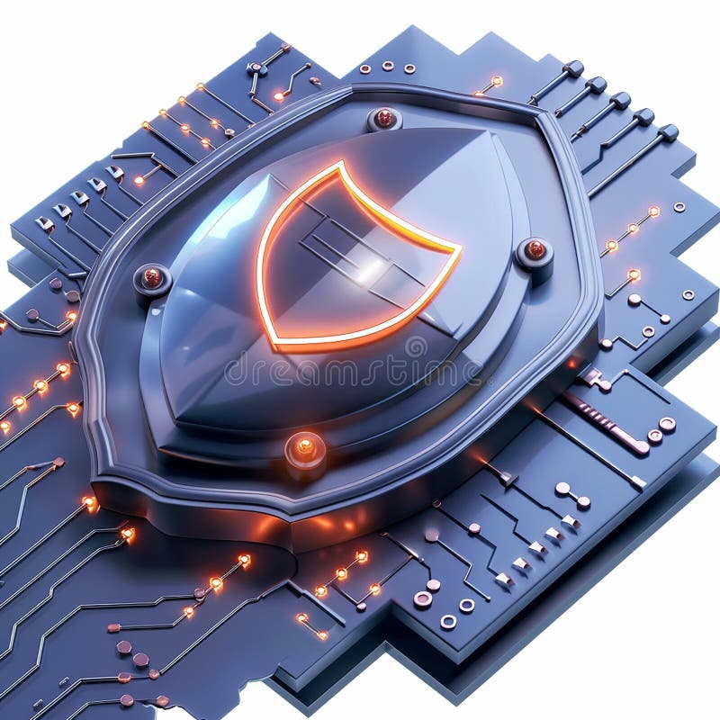 A 3D Icon of a Tech Integration Cybersecurity Shield with a White ...