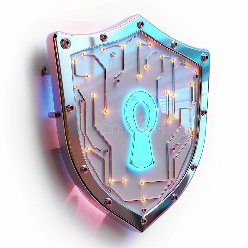 A 3D Icon of a Tech Integration Cybersecurity Shield with a White ...