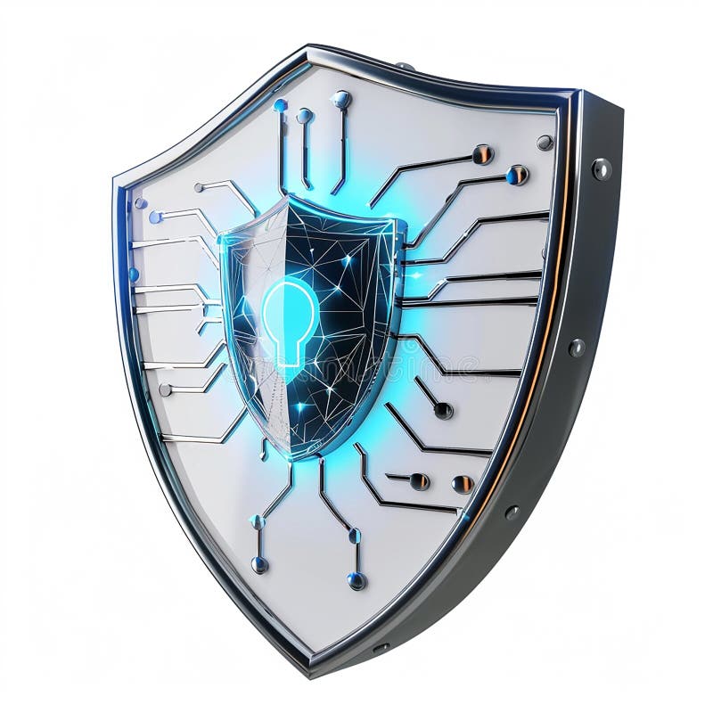 A 3D Icon of a Tech Integration Cybersecurity Shield with a White ...