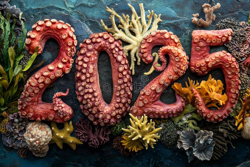 Deep Sea Creatures Forming the Numbers 2025 with Octopus Arms and Coral ...