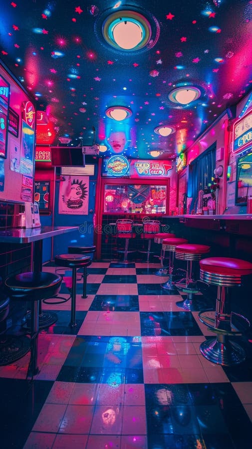 Diner Glowing Neon Night stock illustration. Illustration of booths ...