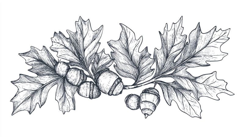 Fall Foliage Featuring Acorns in a Line Art Illustration Stock ...