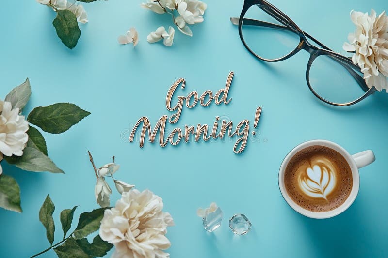 Good Morning Text Displayed on a Pastel Blue Background with Coffee Cup ...