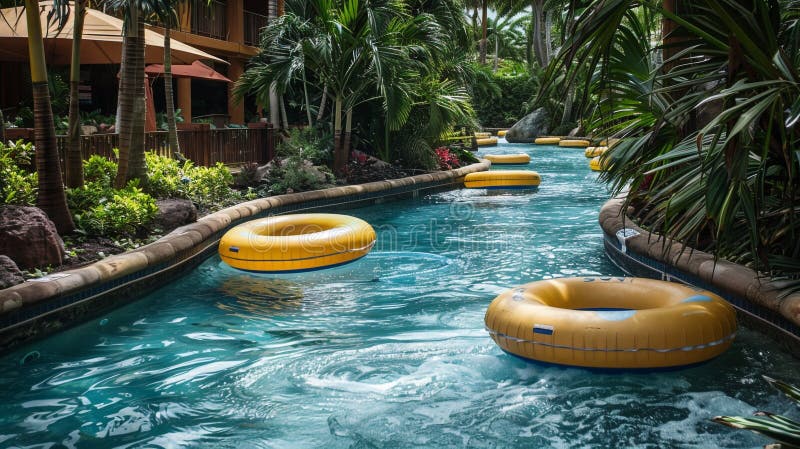 Hotel Pool Featuring Lazy River with Tropical Decor and Comfortable ...