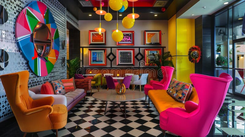 Hotel Reception Area Showcases Vibrant Colors and Geometric Patterns ...