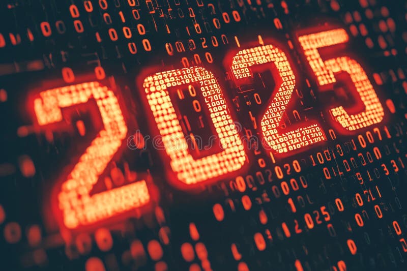 2025 Illustrated in Sci-Fi Tech Font Surrounded by Binary Code Stock ...