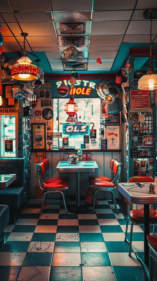 Nostalgic Diner with Retro Decor and Neon Signs Stock Illustration ...
