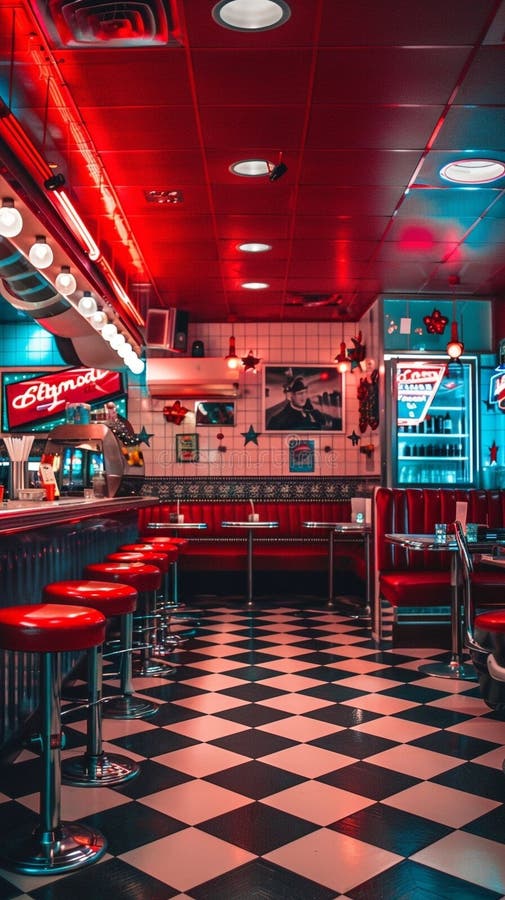 Nostalgic Diner with Retro Decor and Neon Signs Stock Illustration ...
