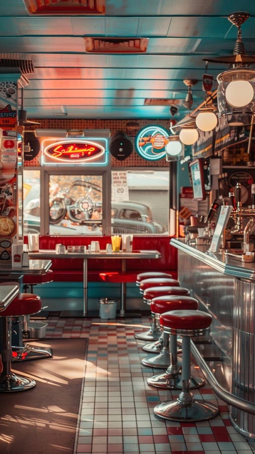 Nostalgic Diner with Retro Decor and Neon Signs Stock Illustration ...