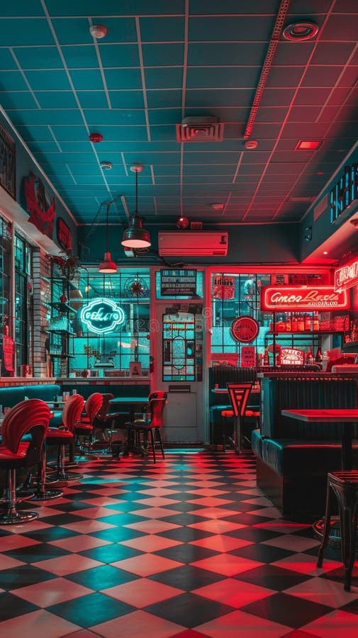 Nostalgic Diner with Retro Decor and Neon Signs Stock Illustration ...