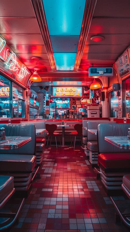 Nostalgic Diner with Retro Decor and Neon Signs Stock Illustration ...