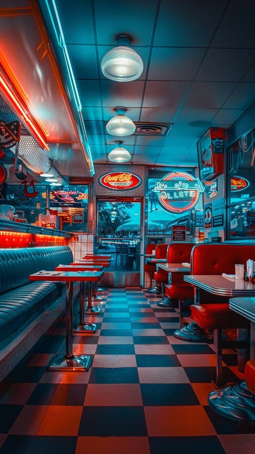 Nostalgic Diner with Retro Decor and Neon Signs Stock Illustration ...