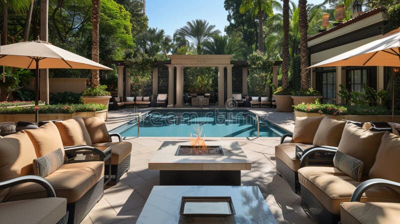Poolside Lounge Features Elegant Furniture and Fire Pits with Garden ...