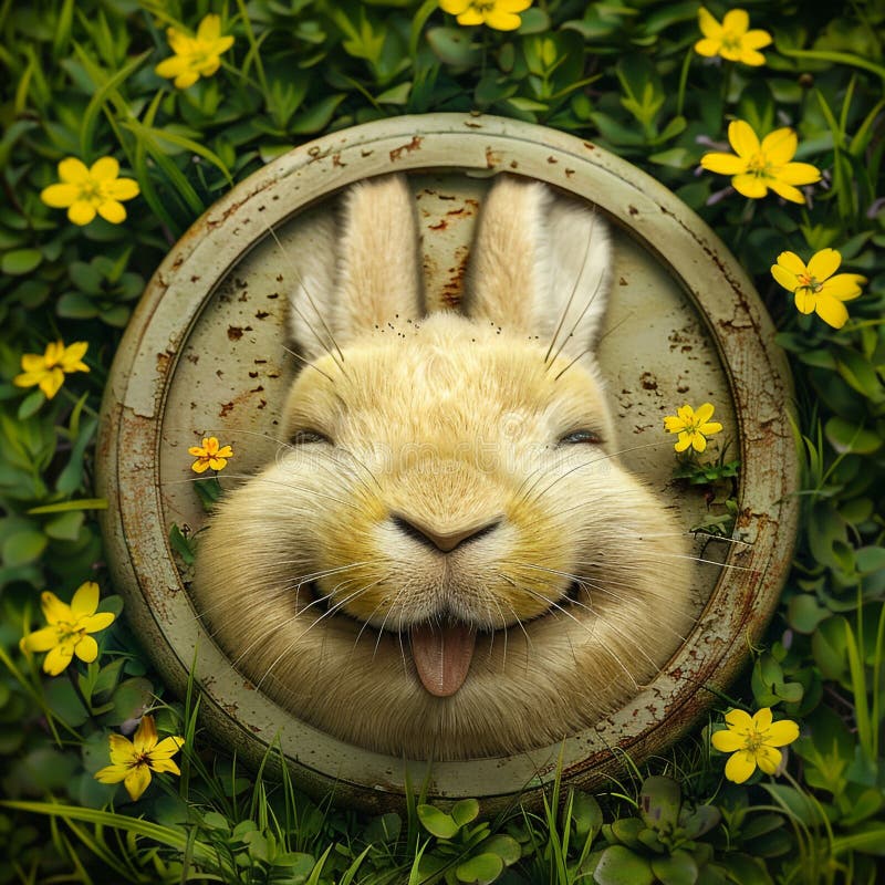 Rabbit Hopping in a Garden with a Smiley Face Stock Illustration ...