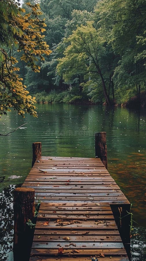 Rustic Wooden Dock on Calm River Surrounded by Green Trees Stock ...
