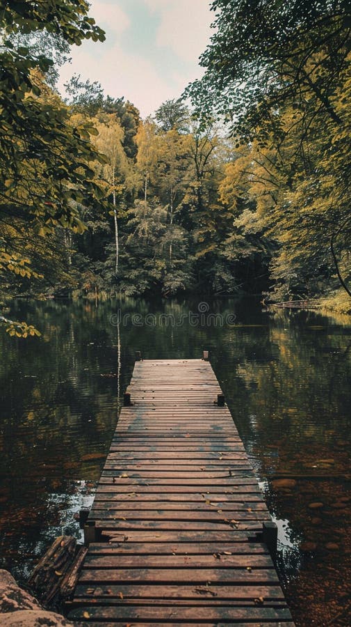 Rustic Wooden Dock on Calm River Surrounded by Green Trees Stock ...