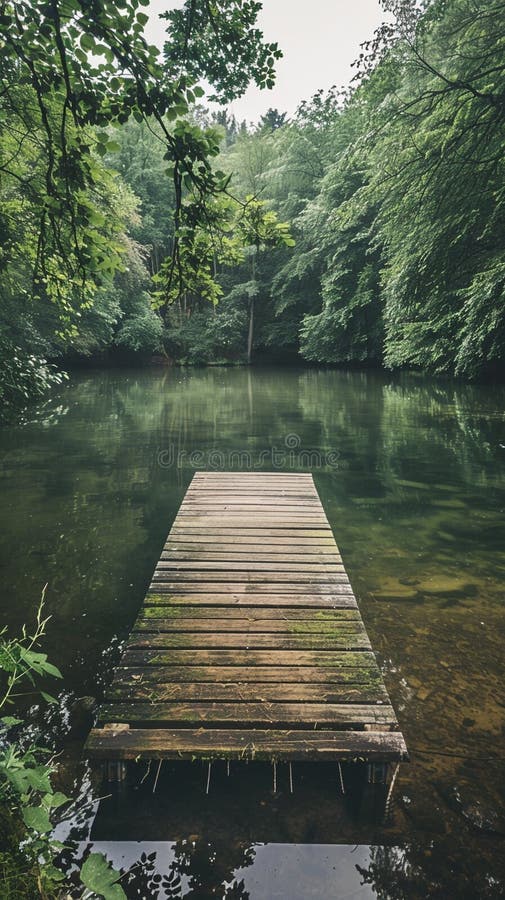 Rustic Wooden Dock on Calm River Surrounded by Green Trees Stock ...