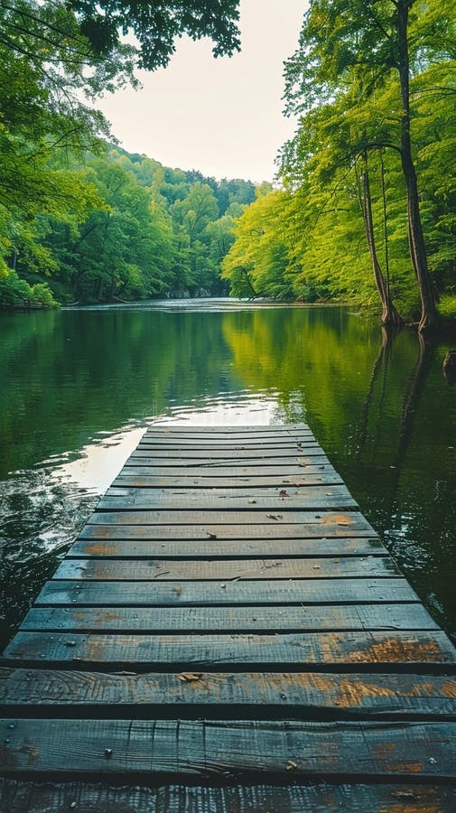 Rustic Wooden Dock on Calm River Surrounded by Green Trees Stock ...