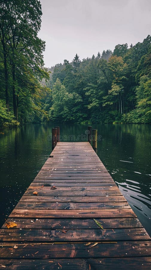 Rustic Wooden Dock on Calm River Surrounded by Green Trees Stock ...