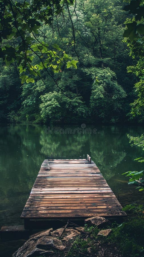 Rustic Wooden Dock on Calm River Surrounded by Green Trees Stock ...