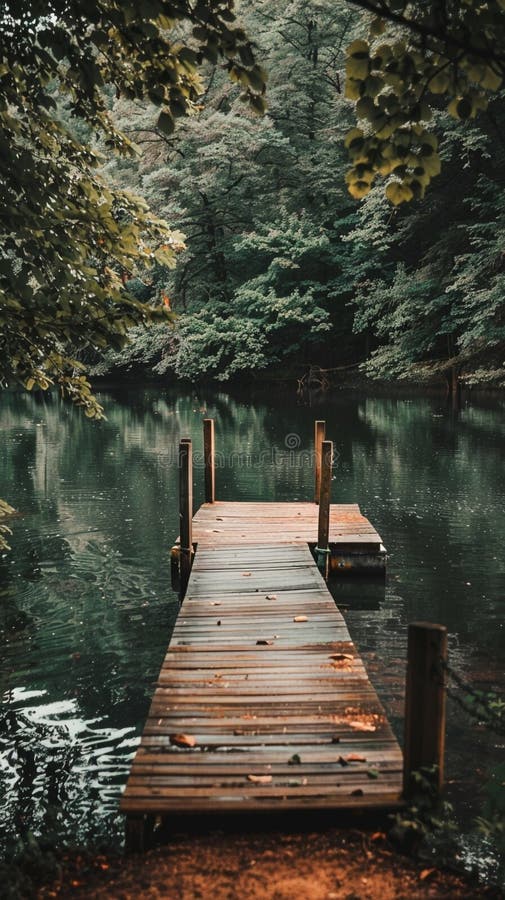 Rustic Wooden Dock on Calm River Surrounded by Green Trees Stock ...