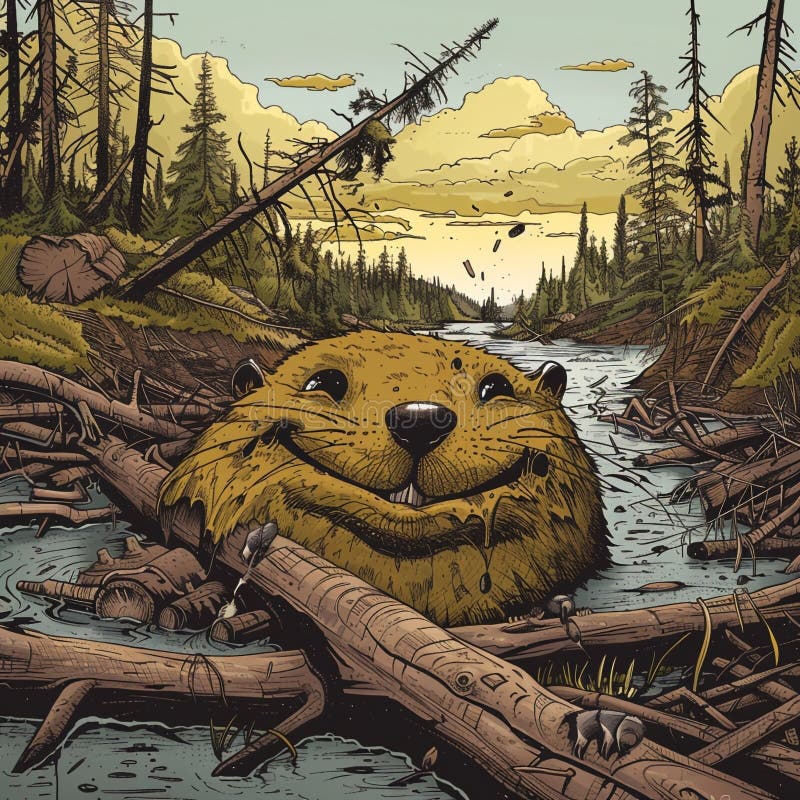 Smiley Face Beaver Building a Dam Stock Illustration - Illustration of ...