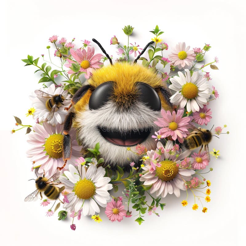Smiley Face with Bee Buzzing Around Flowers Stock Illustration ...