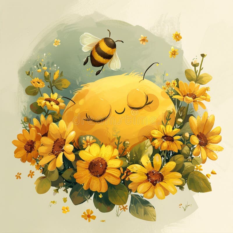 Smiley Face with Bee Buzzing Around Flowers Stock Illustration ...