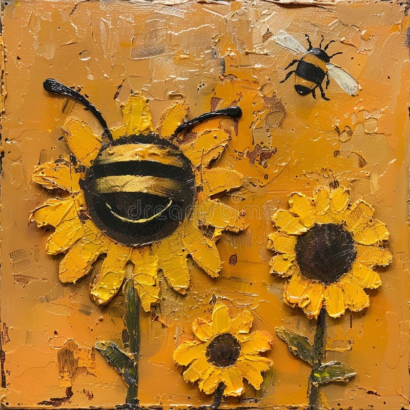 Smiley Face with Bee Buzzing Around Flowers Stock Illustration ...