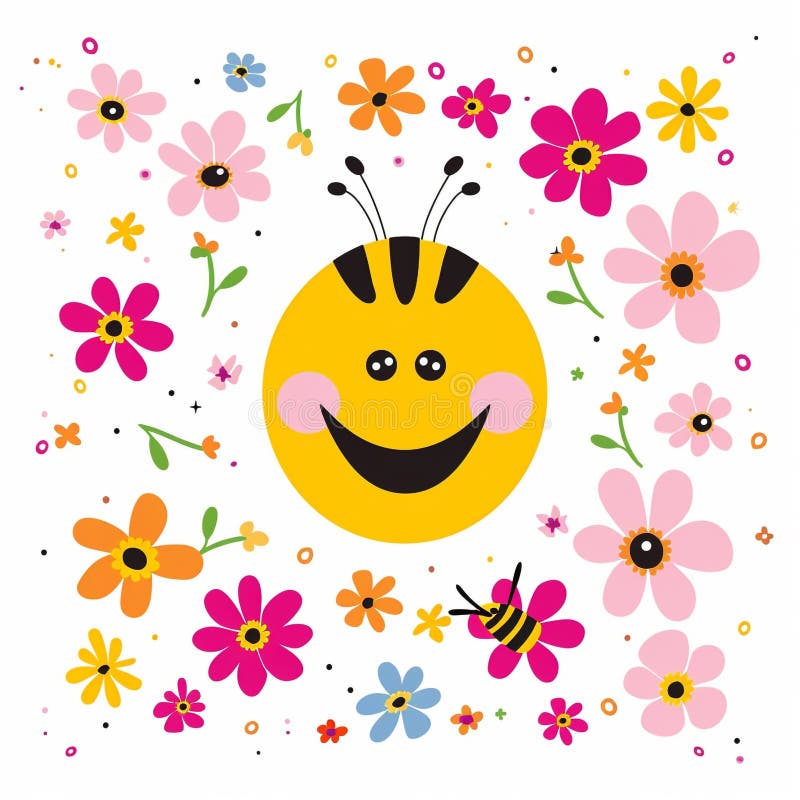 Smiley Face with Bee Buzzing Around Flowers Stock Illustration ...