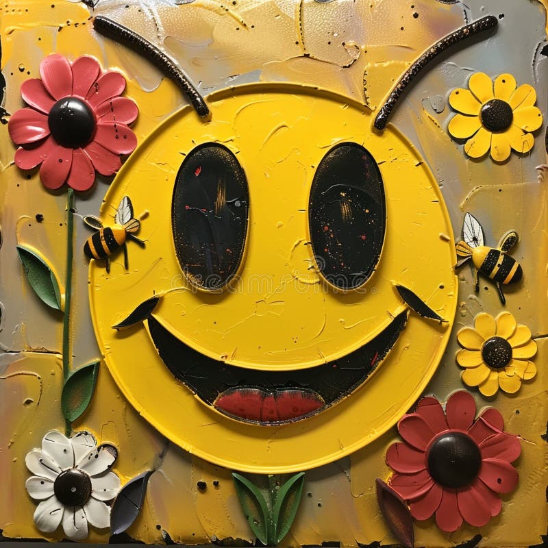 Smiley Face with Bee Buzzing Around Flowers Stock Illustration ...