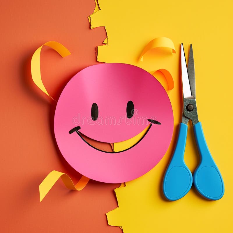 Smiley Face Cutting Paper with Scissors Stock Illustration ...