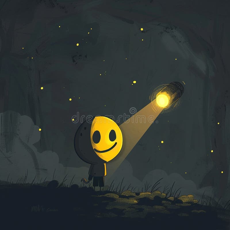 Smiley Face Holding Flashlight Searching at Night Stock Illustration ...